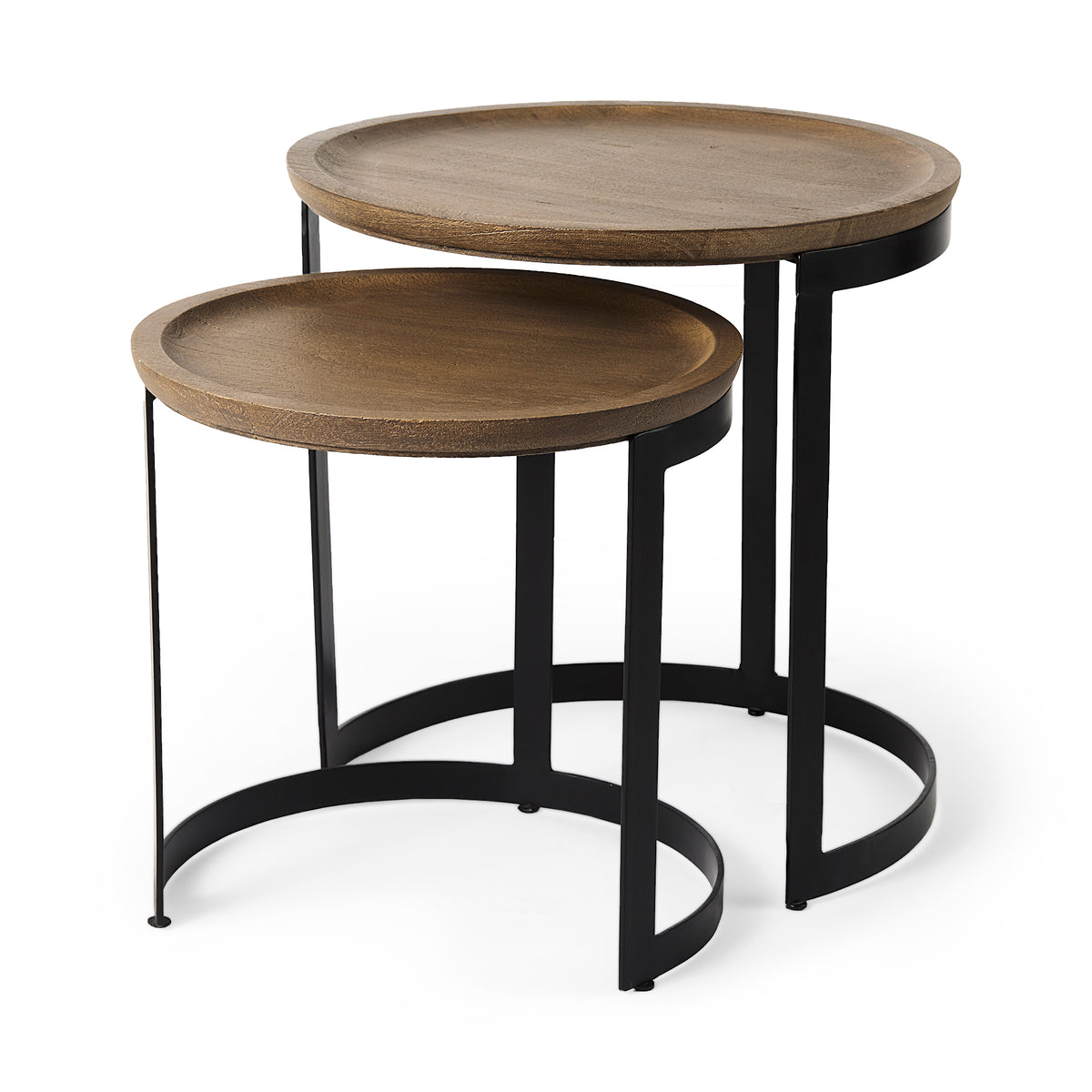 Aisley Light Brown Wood W/ Black Metal Base Round Nesting Side Tables,