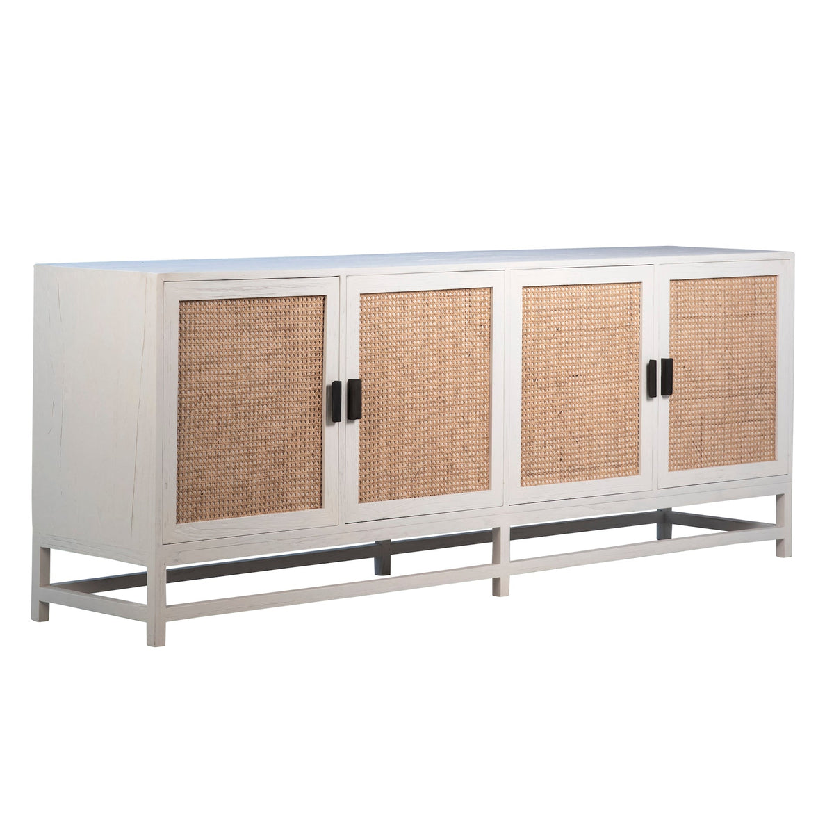 Khloe 83" Exotic Wood and Rattan 4-Door Sideboard in White