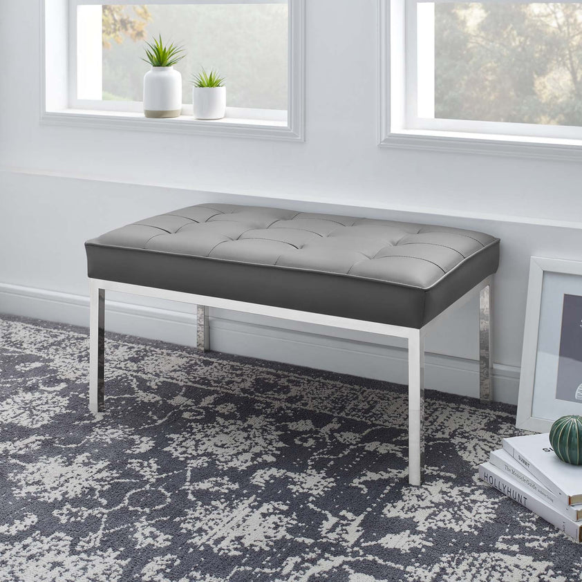Loft Tufted Medium Upholstered Faux Leather Bench in Silver Gray
