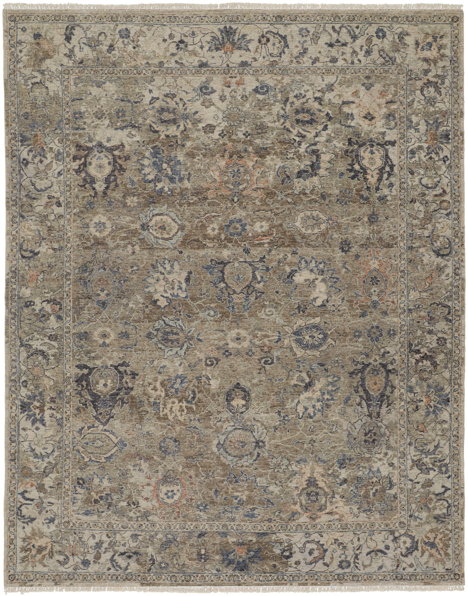 Marabel Traditional Damask Taupe Ivory Blue Area Rug