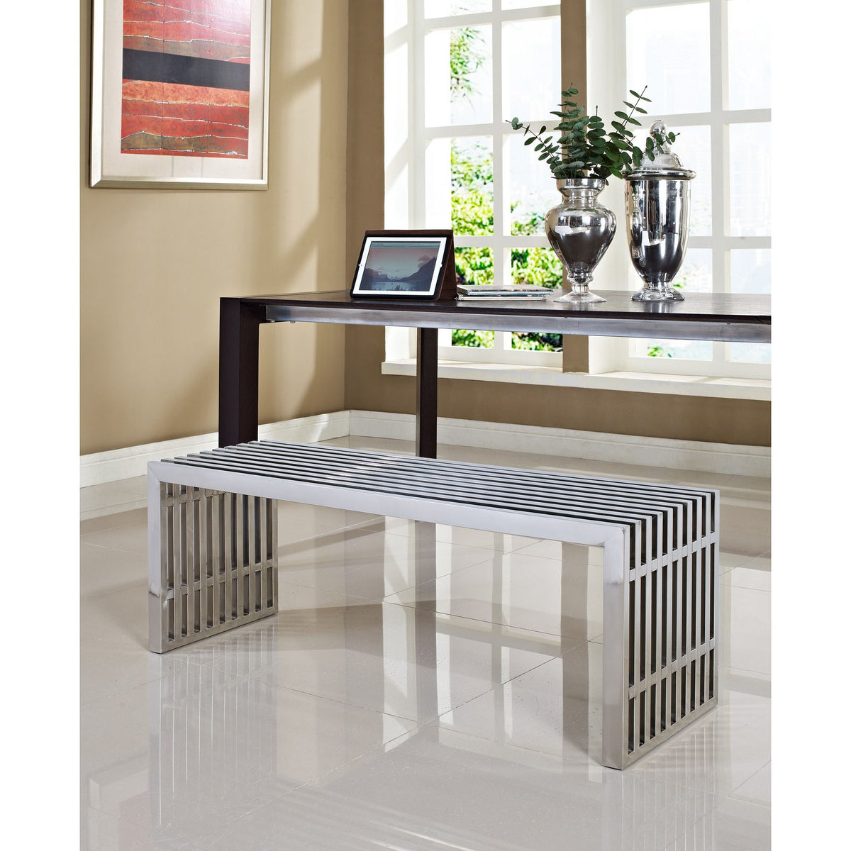 Gridiron Large Stainless Steel Bench in Silver